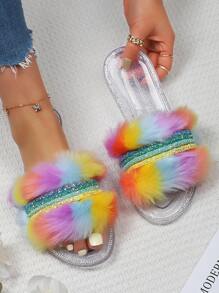 Rhinestone Decor Fluffy Slides | SHEIN USA
