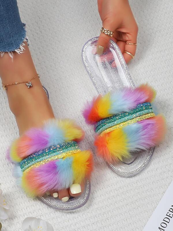 Rhinestone Decor Fluffy Slides | SHEIN USA