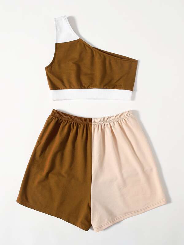 SHEIN EZwear One Shoulder Colorblock Top & Track Shorts Set | SHEIN USA