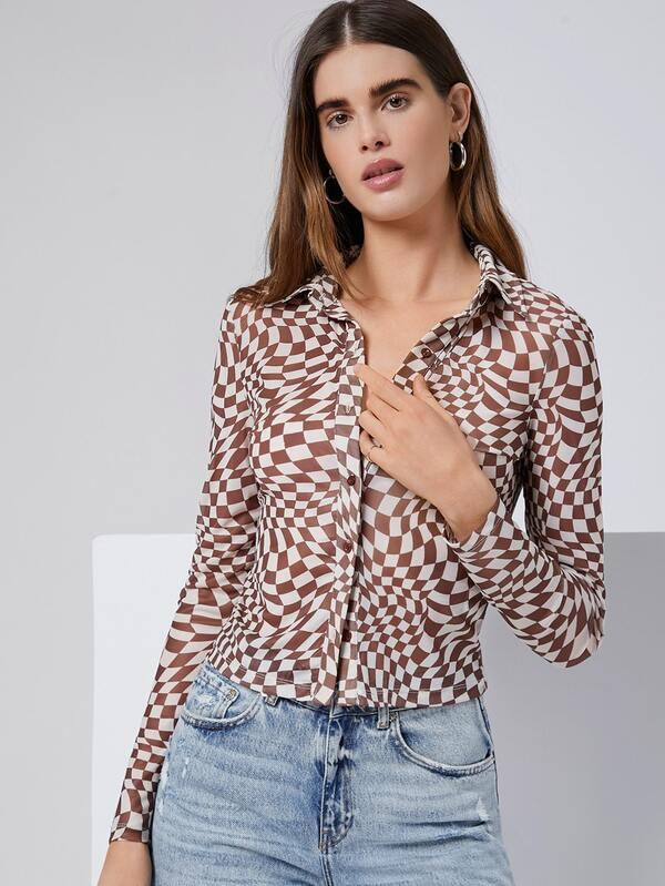 SHEIN Checker Mesh Button Placket Top | SHEIN USA
