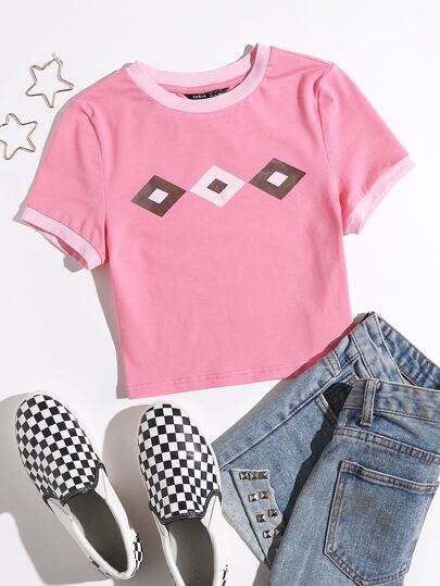 Search Pink-Contrast-Raglan-Sleeve-V-Neck-T-shirt | SHEIN USA