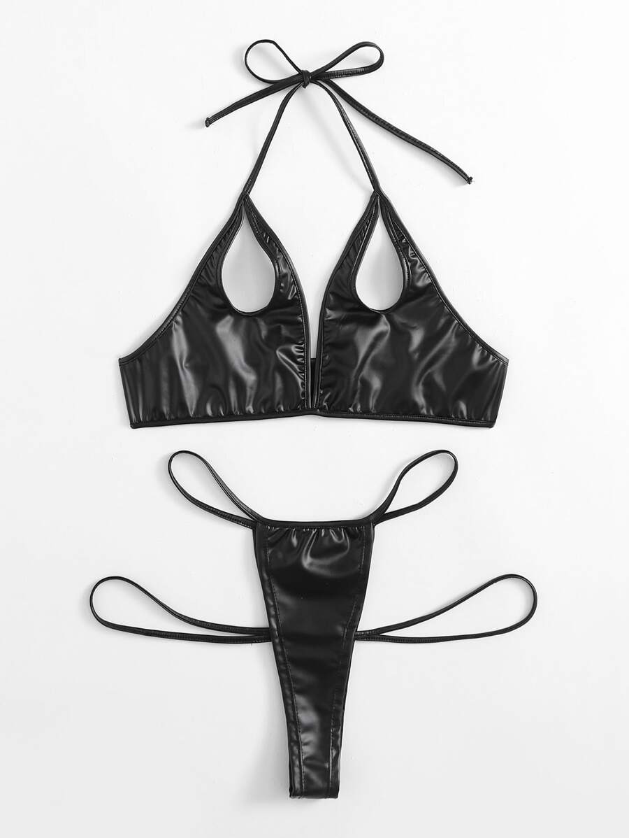 Pu Leather Cut Out Halter Thong Lingerie Set Shein Usa