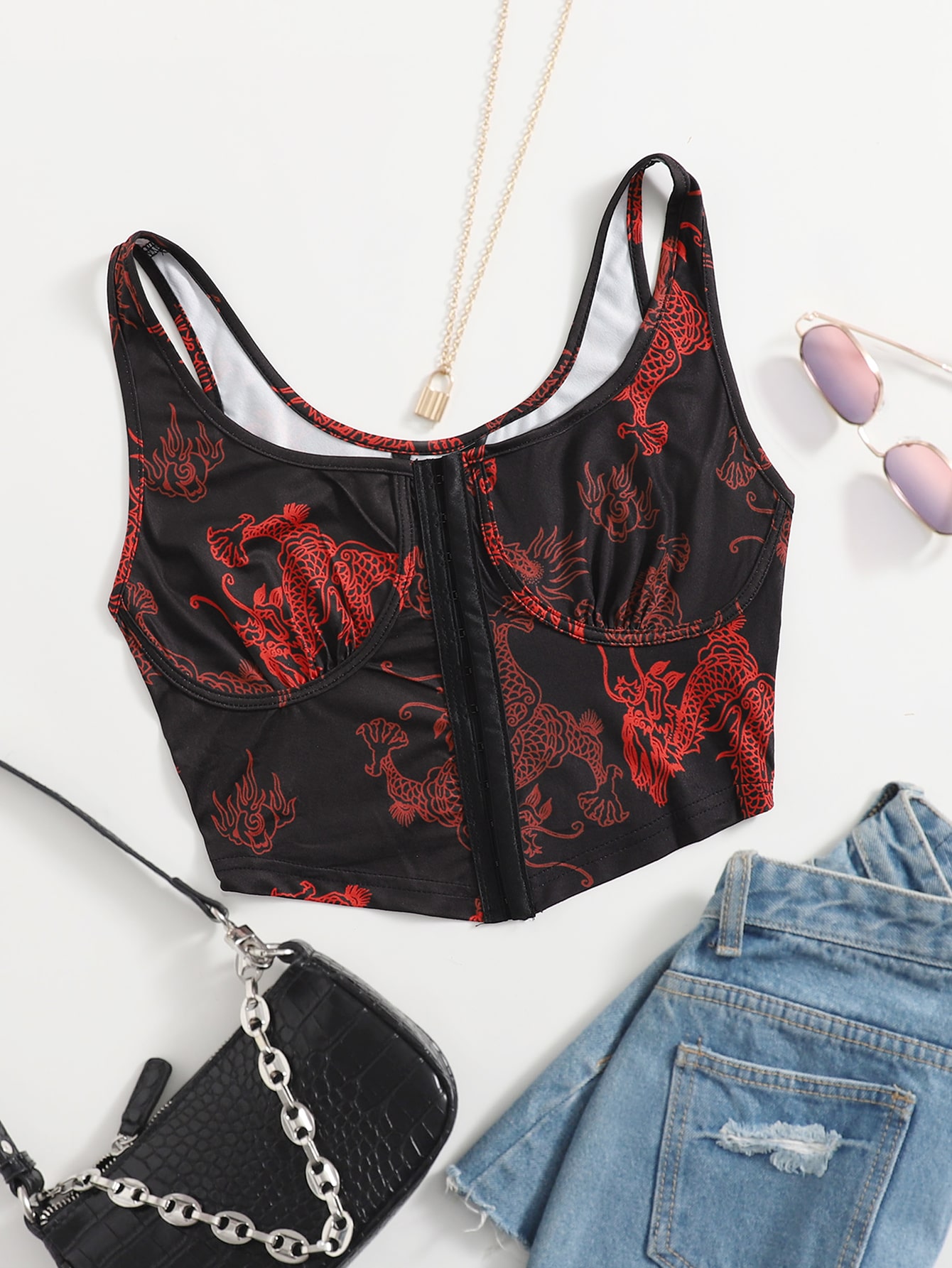 SHEIN Chinese Dragon Print Ruched Bust Hook and Eye Tank Top | SHEIN EUR