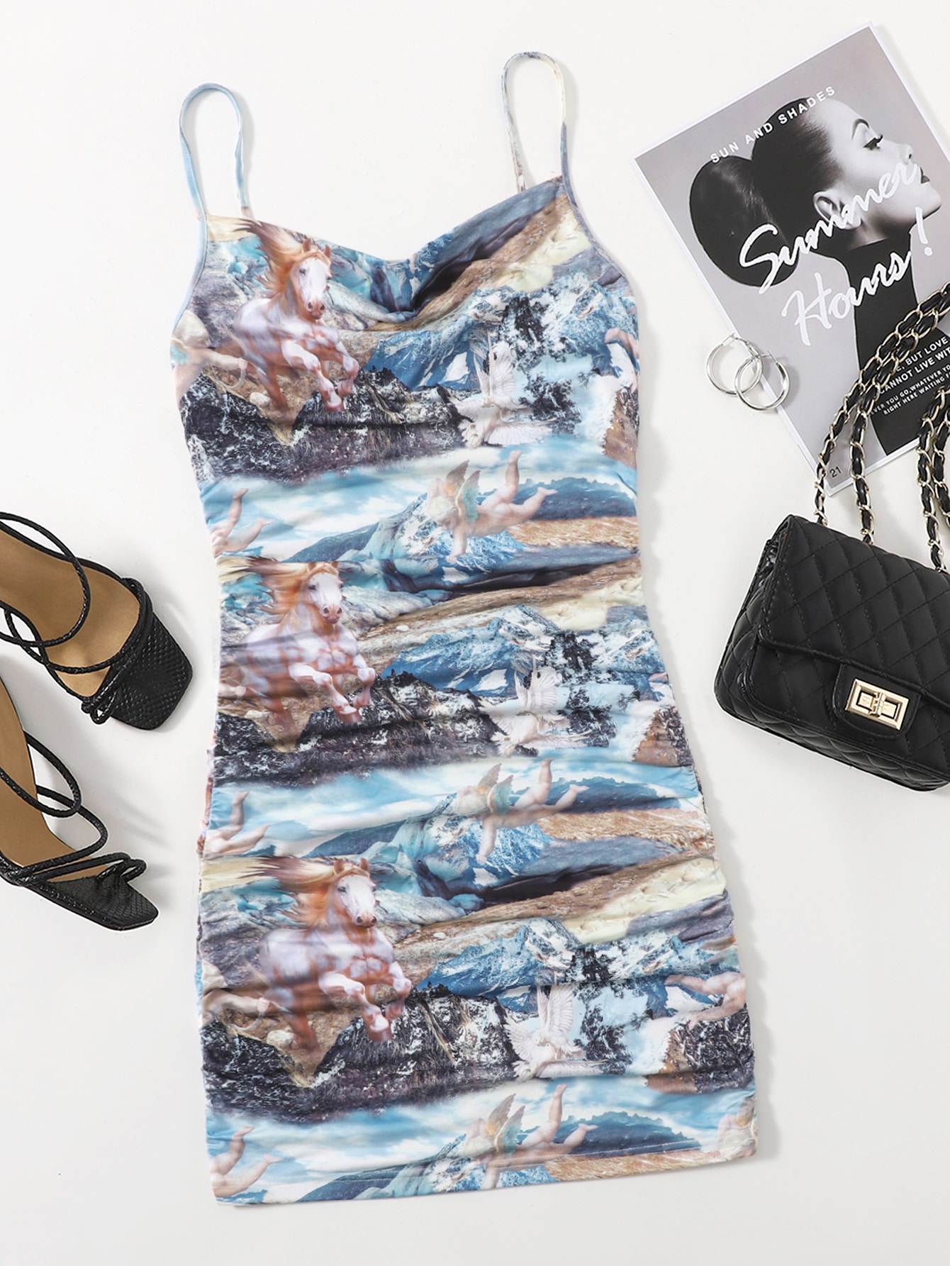 SHEIN Privé Horse & Angel Print Ruched Dress | SHEIN UK