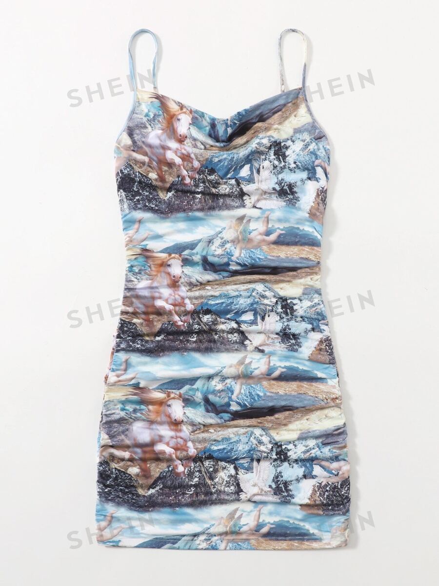 SHEIN Privé Horse & Angel Print Ruched Dress | SHEIN UK