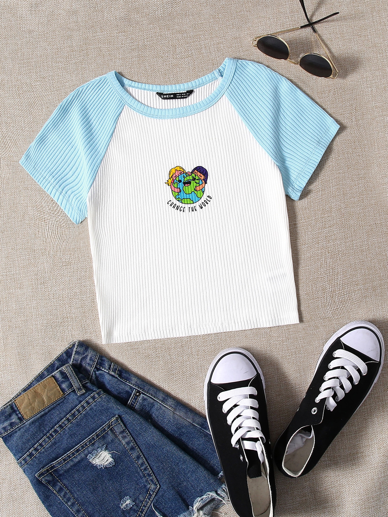 Figure Graphic Colorblock Raglan Sleeve Rib-knit Tee