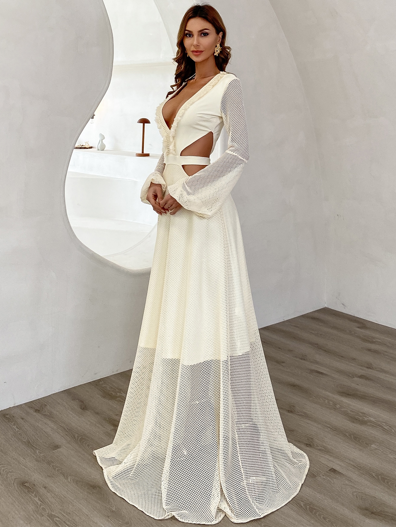 Plunge Neck Tassel Trim Cut-out Fishing Net Prom Dress