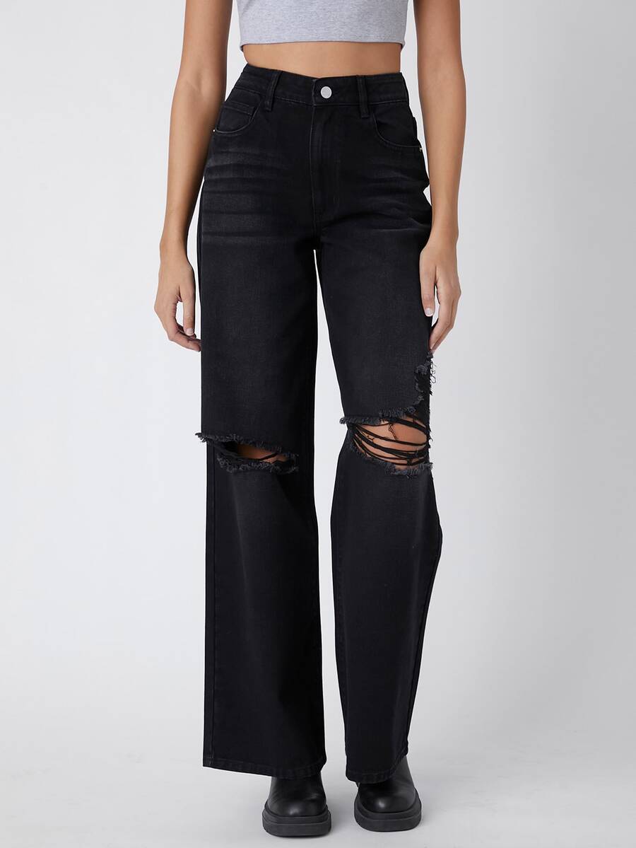 SHEIN 90s vintage High-Waist Denim Wide-leg Boyfriend Jeans | SHEIN