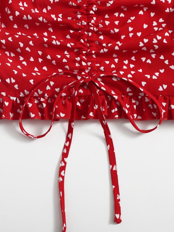 Shein Wywh Allover Heart Print Ruffle Trim Drawstring Ruched Front Crop