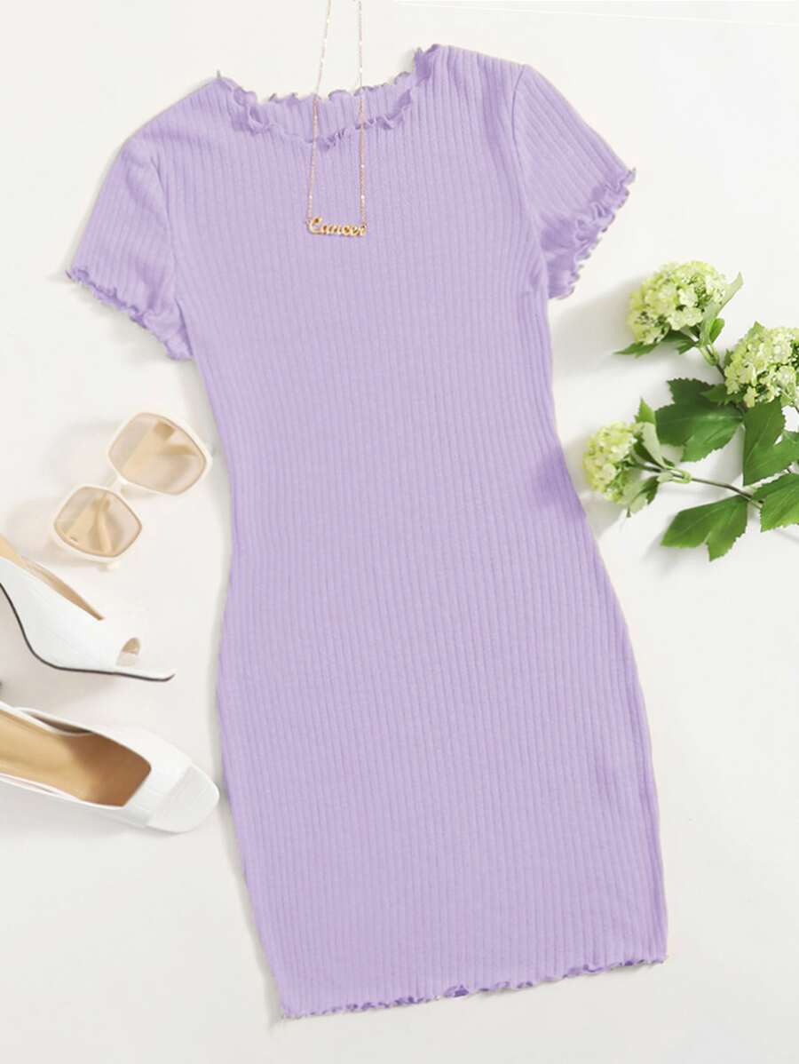 SHEIN EZwear Lettuce Trim Rib-knit Bodycon Dress | SHEIN USA