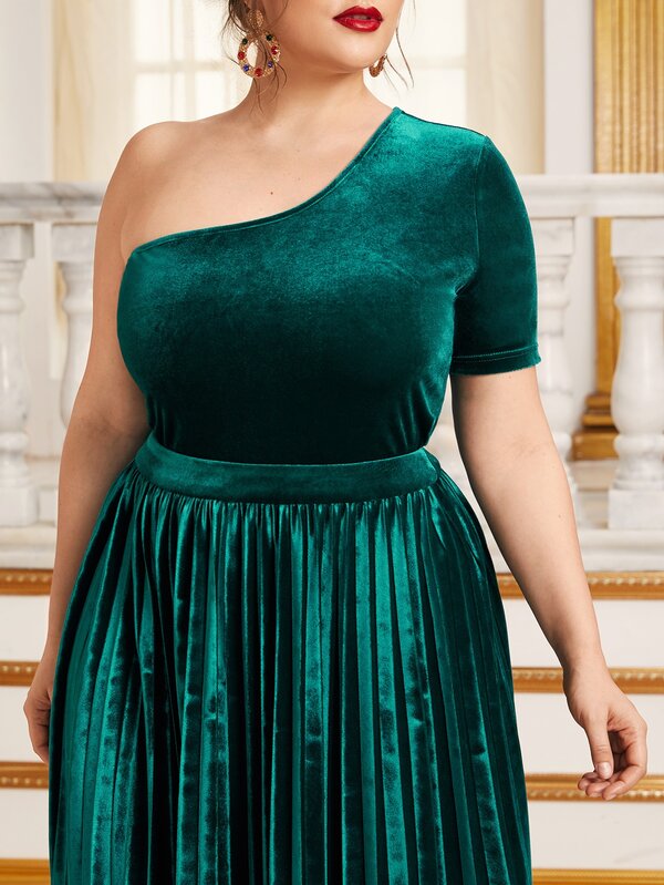 SHEIN Plus One Shoulder Velvet Top & Pleated Skirt Set | SHEIN USA