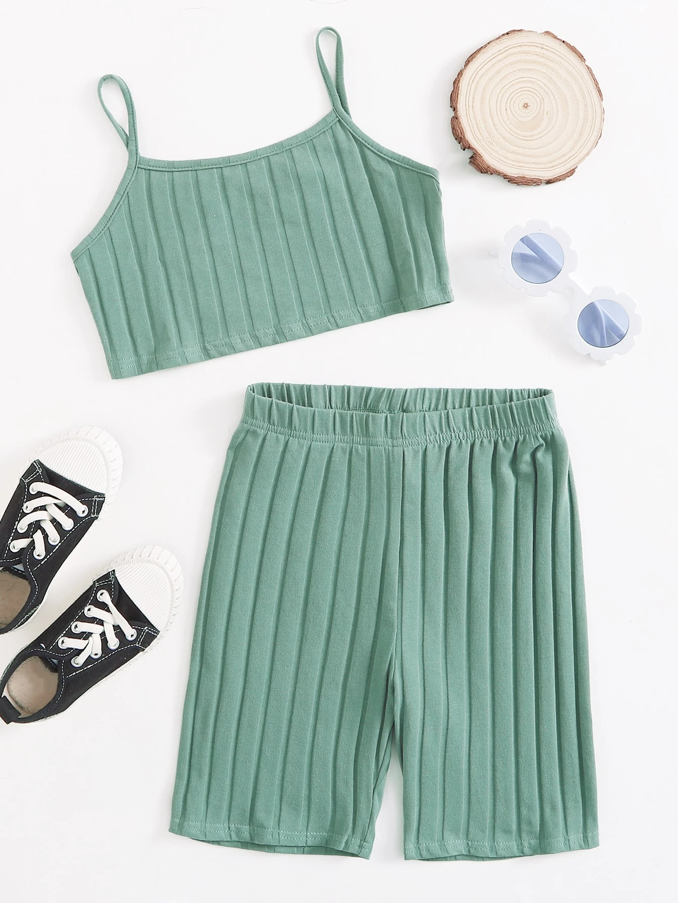 Shein Girls Rib Knit Cami Top And Biker Shorts Set Shein Usa