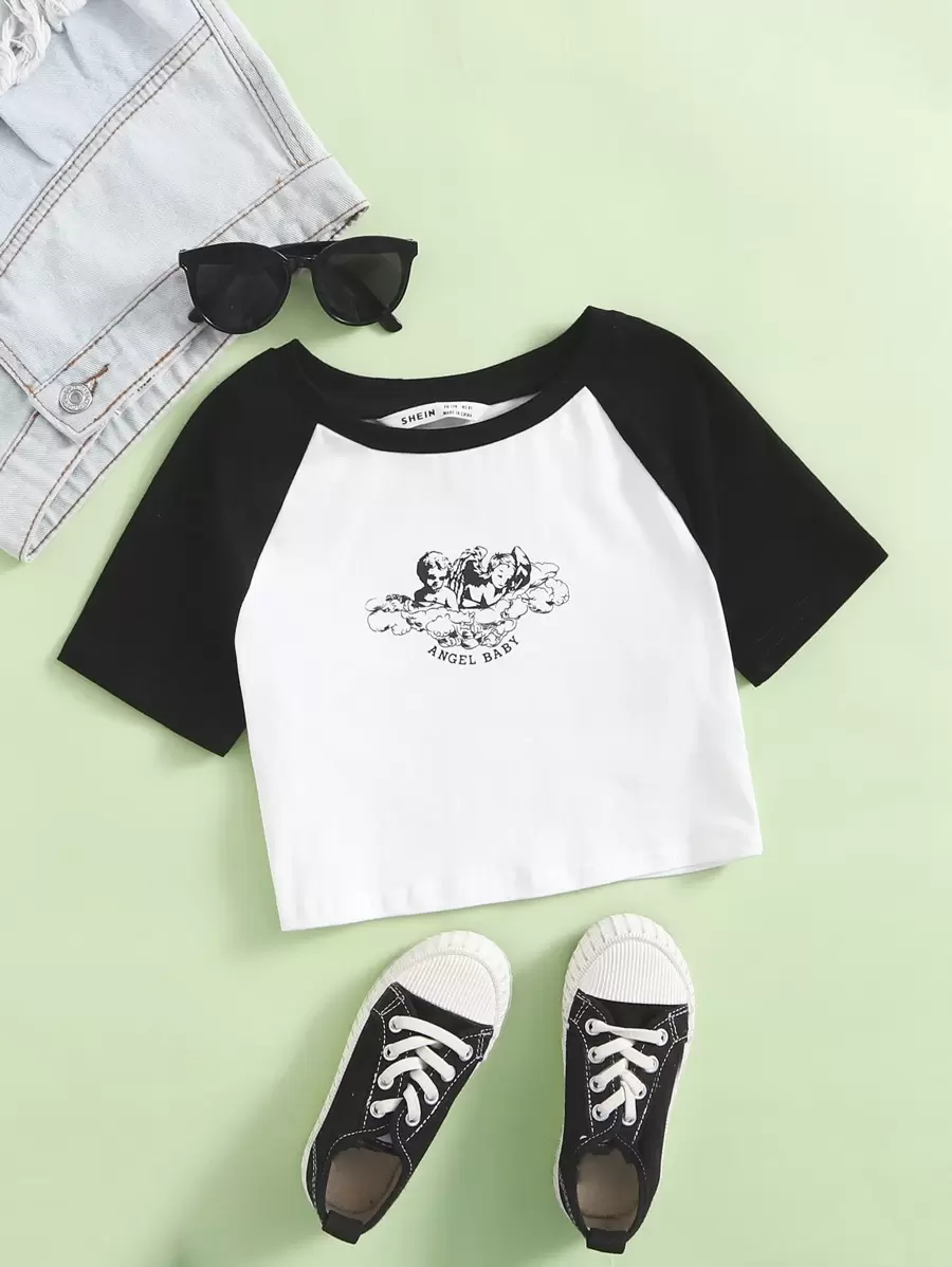 SHEIN Girls Angel Print Raglan Sleeve Colorblock Tee | SHEIN USA