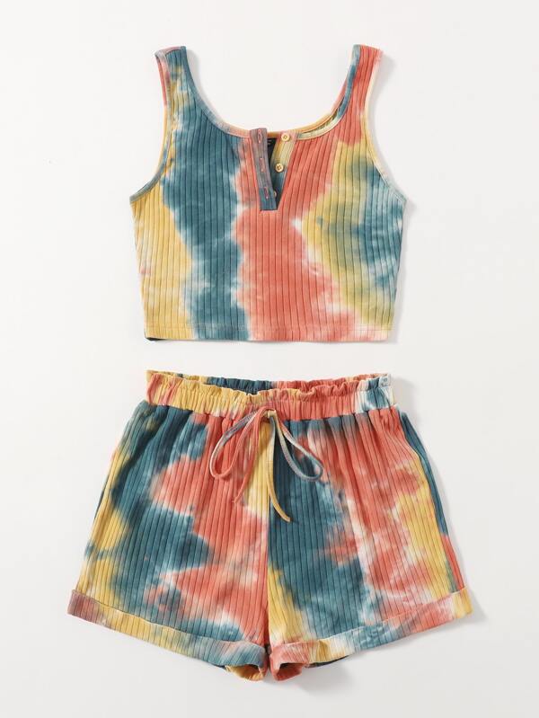 Shein Ezwear Tie Dye Rib Knit Crop Tank Top And Paperbag Waist Cuffed