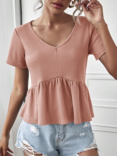 Search Pink-Contrast-Raglan-Sleeve-V-Neck-T-shirt | SHEIN USA