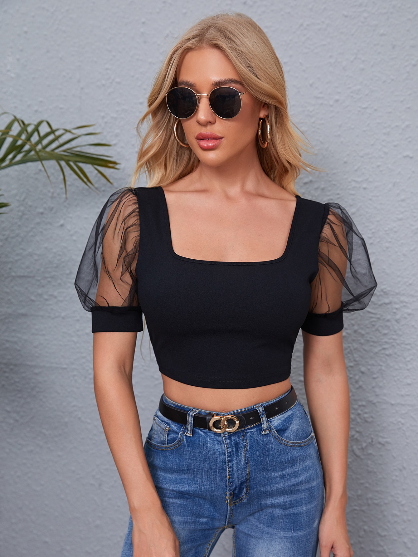 SHEIN Square Neck Puff Sleeve Top