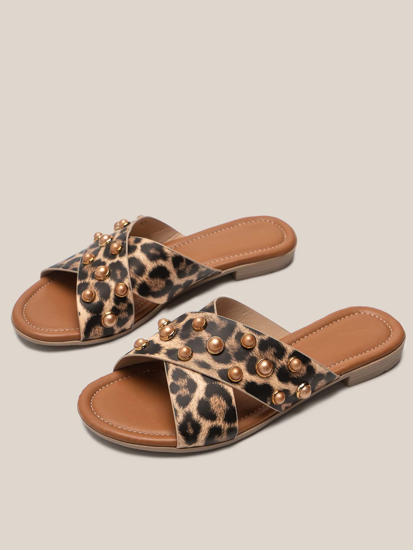 Studded Decor Leopard Slide Sandals