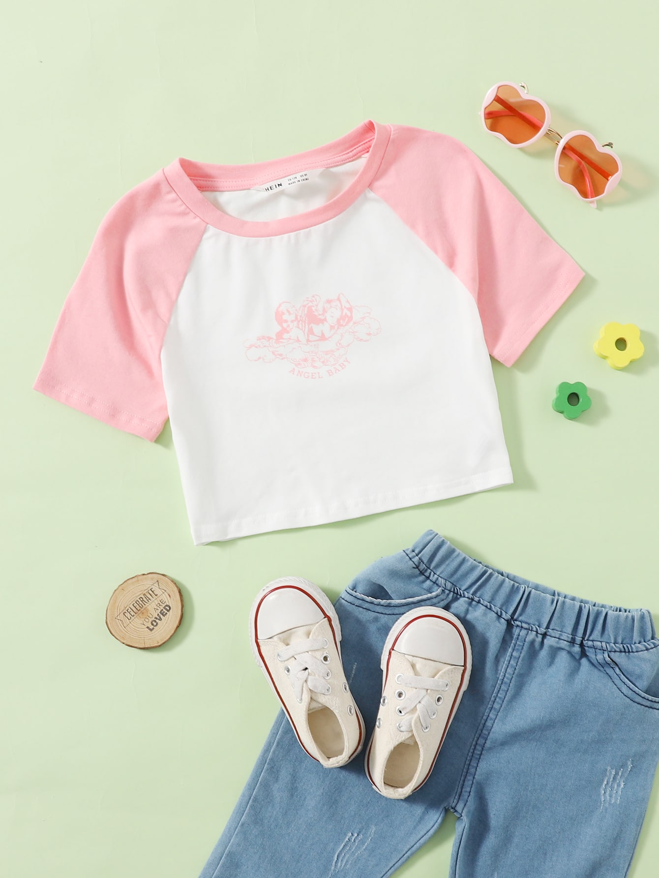 Girls Angle Print Raglan Sleeve Colourblock Tee