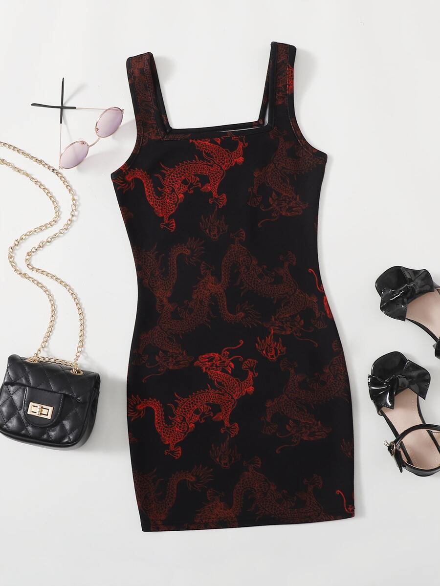 SHEIN Girls Chinese Dragon Print Fitted Dress | SHEIN UK