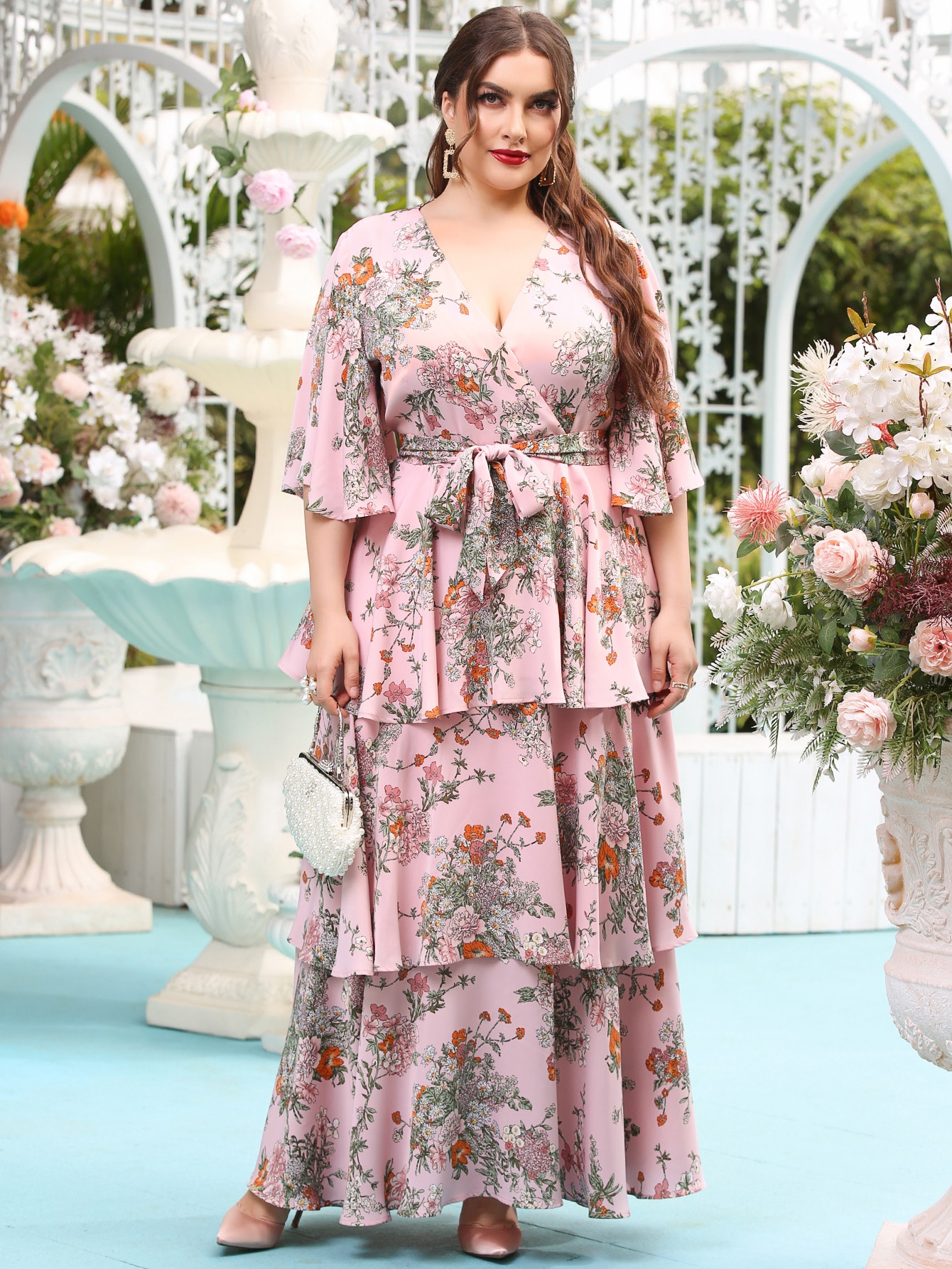Plus Surplice Front Belted Ruffle Layered Dress Shein Usa