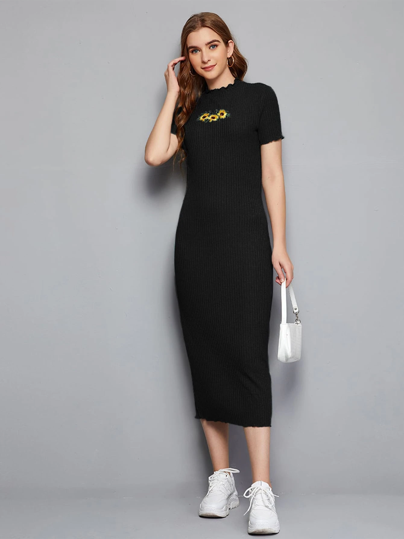 Shein Mulvari Floral Embroidered Lettuce Trim Rib Knit Dress Shein Usa