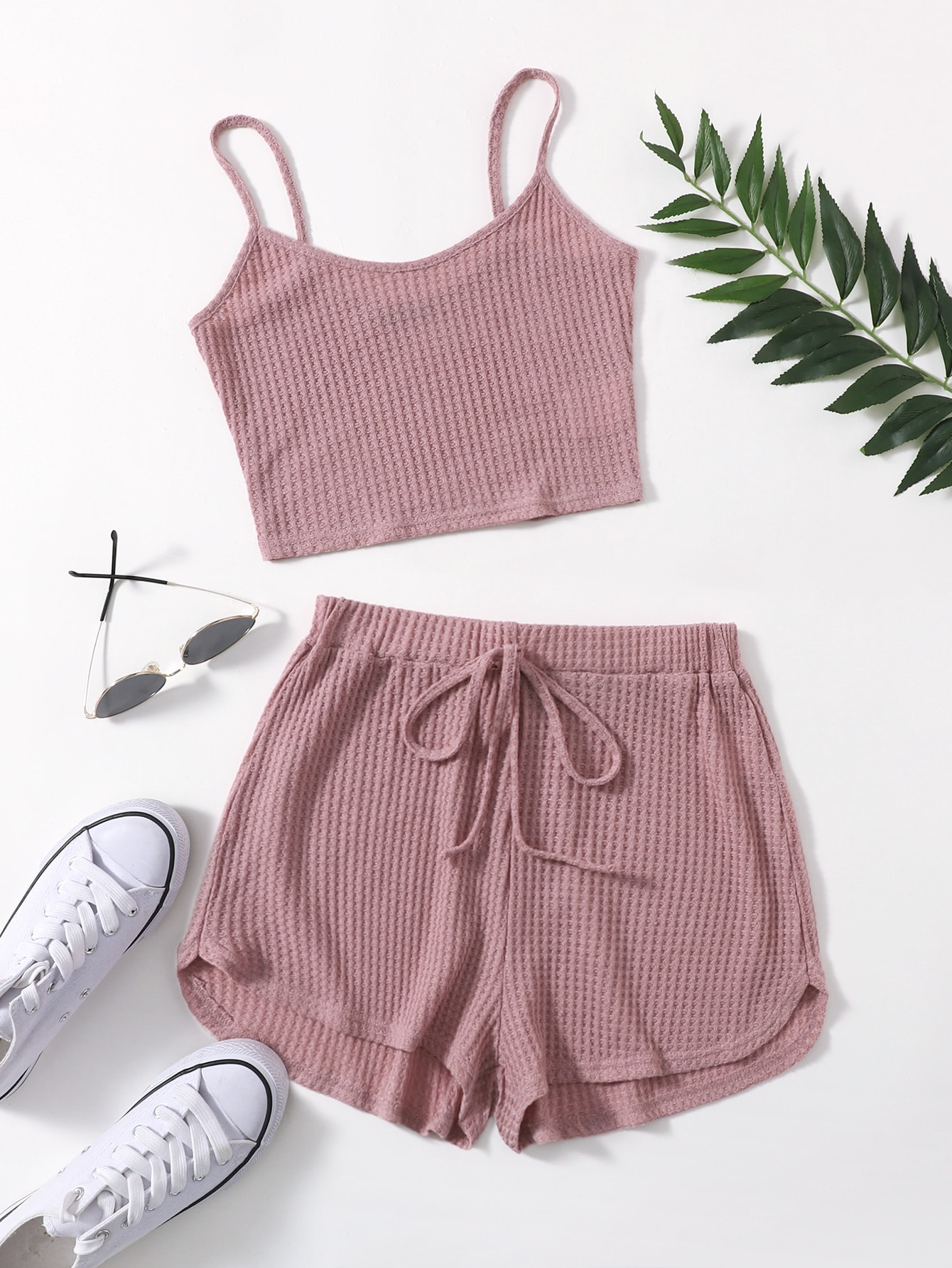 Shein Ezwear Waffle Knit Crop Cami Top And Knot Waist Shorts Set Shein Usa