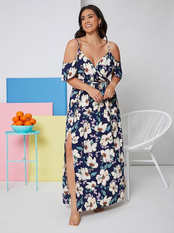 SHEIN VCAY Plus Allover Floral Print Cold Shoulder Split Thigh Belted Dress | SHEIN USA