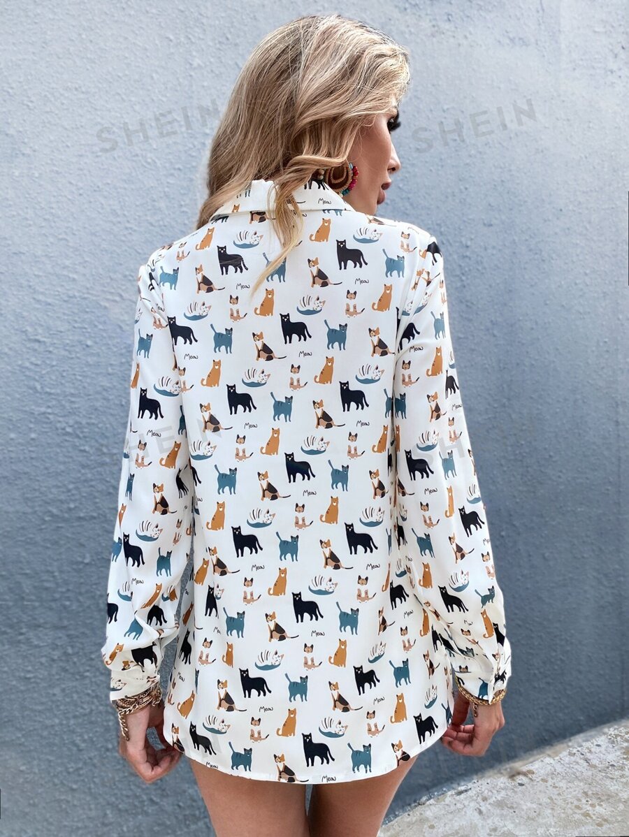 SHEIN LUNE Cartoon Cat Print Button Up Shirt | SHEIN USA