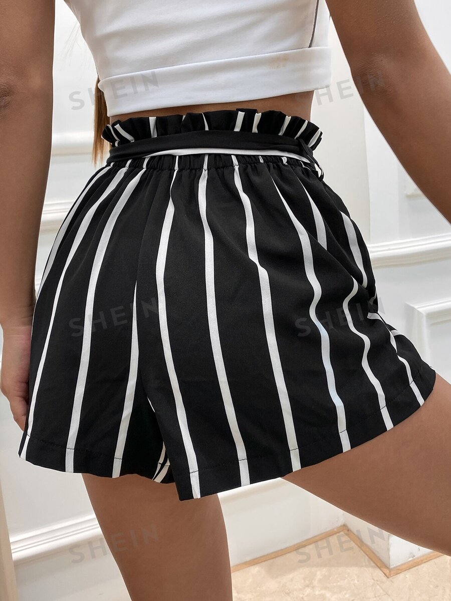 SHEIN LUNE Striped Paper Bag Waist Belted Shorts | SHEIN UK