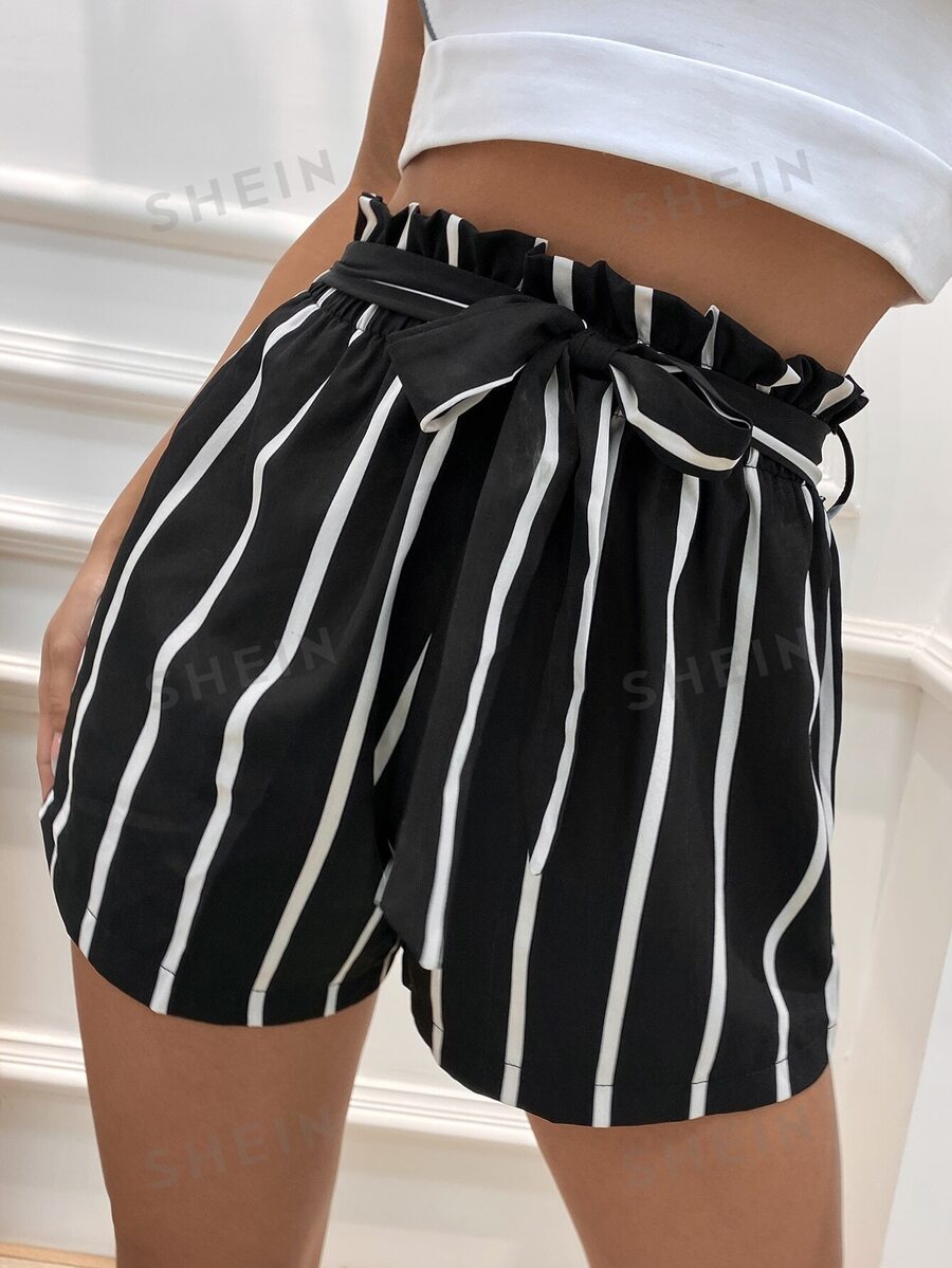 SHEIN LUNE Striped Paper Bag Waist Belted Shorts | SHEIN UK