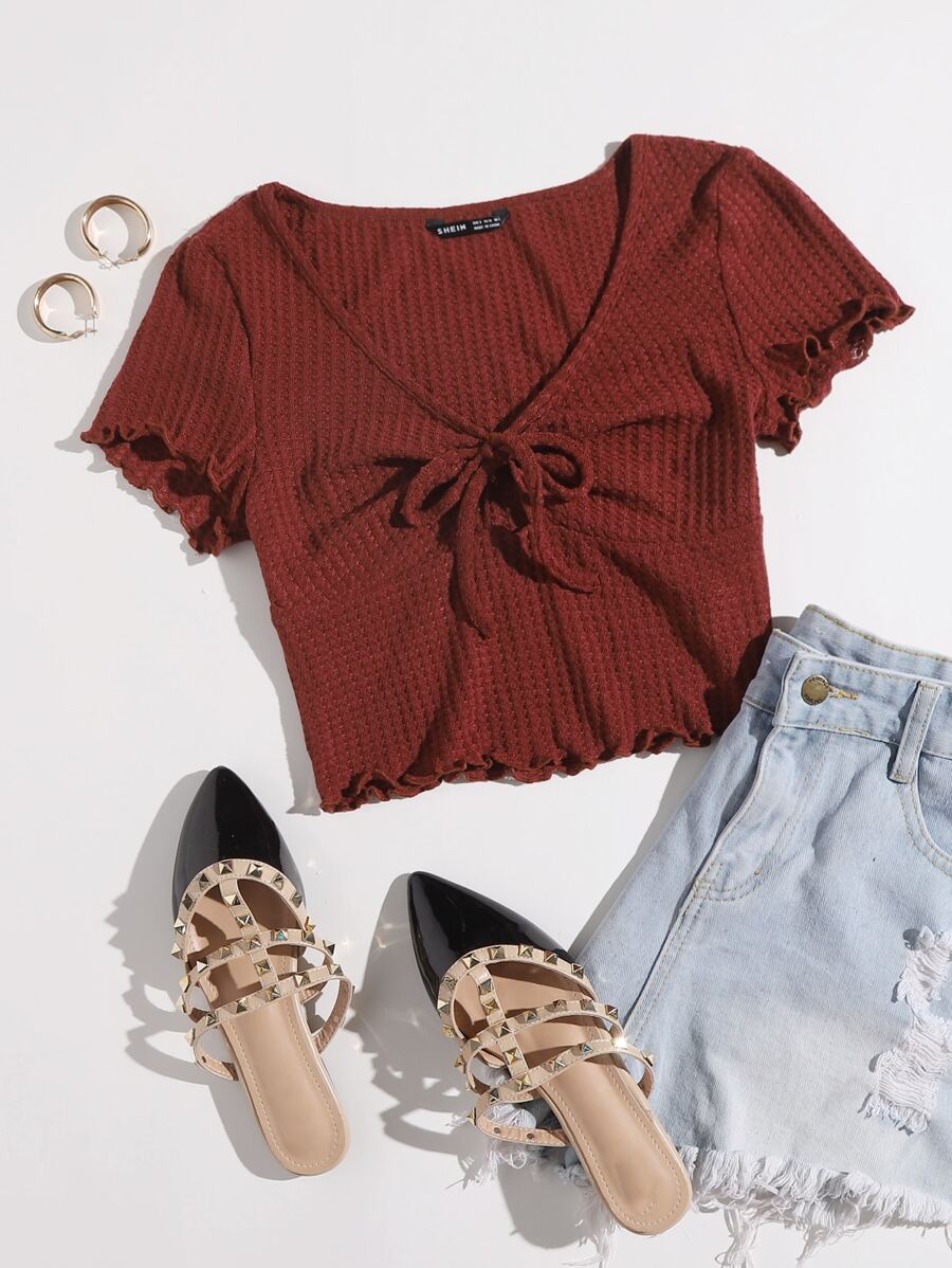 SHEIN EZwear Camiseta tejida con nudo delantero ribete en forma de ...