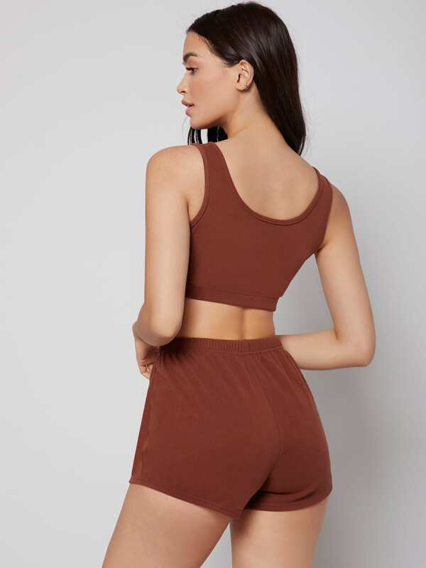 Solid Crop Comfortable Tank Top With Shorts Lounge Set | SHEIN USA