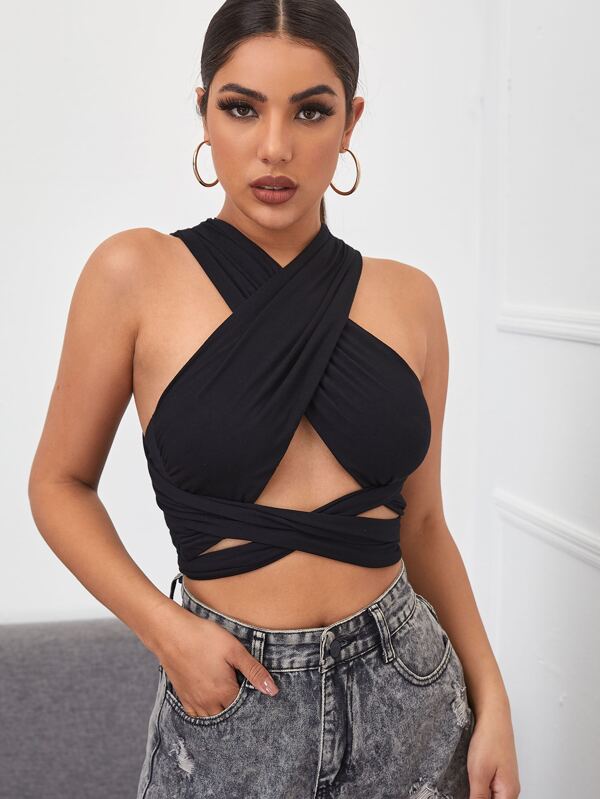 Shein Bae Cross Wrap Front Tie Back Halter Top Shein Usa