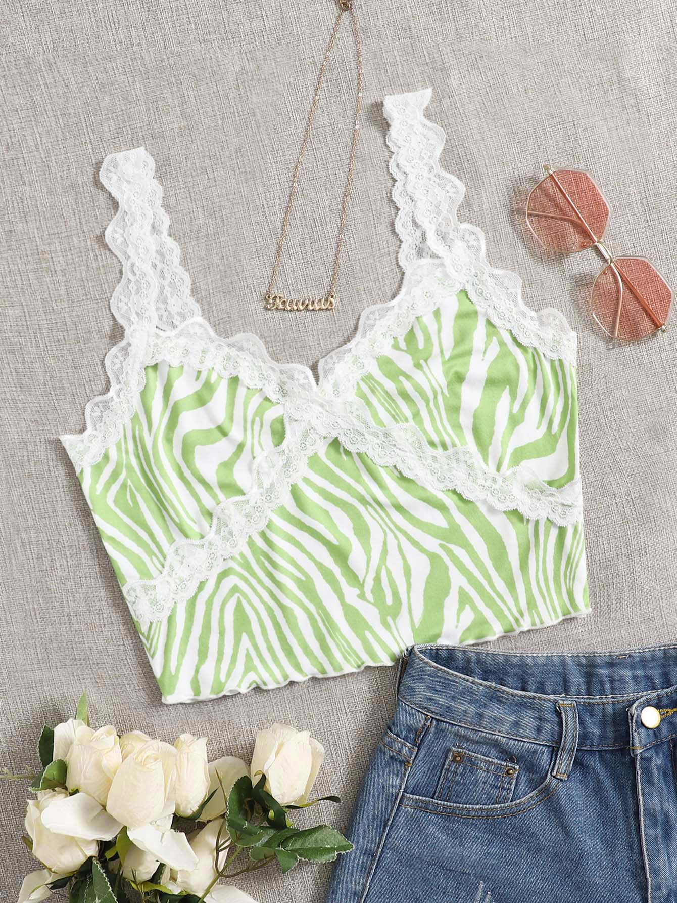 SHEIN Lace Trim Zebra Striped Cami Top | SHEIN EUR