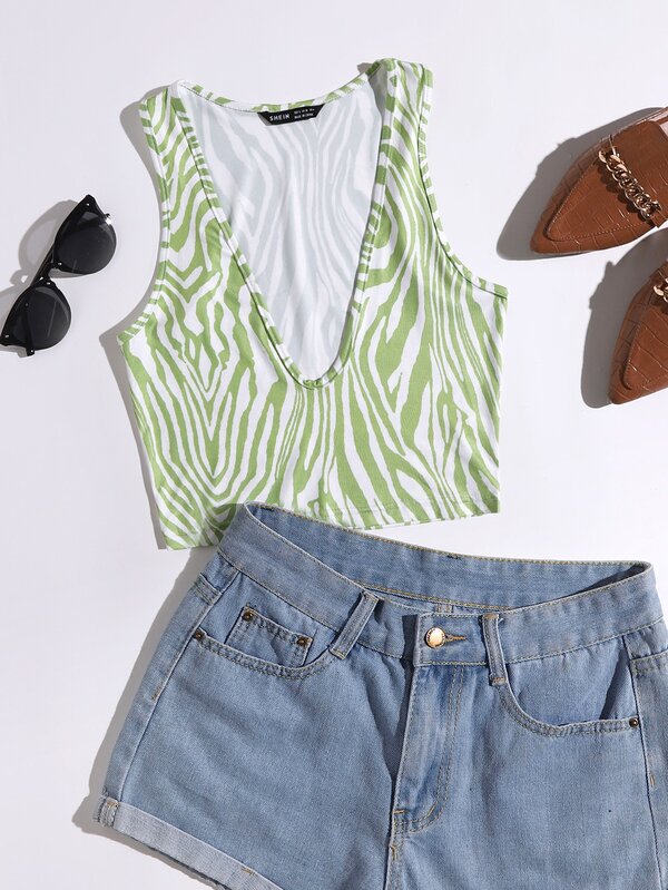 SHEIN Coolane Plunging Neck Zebra Striped Tank Top | SHEIN EUR