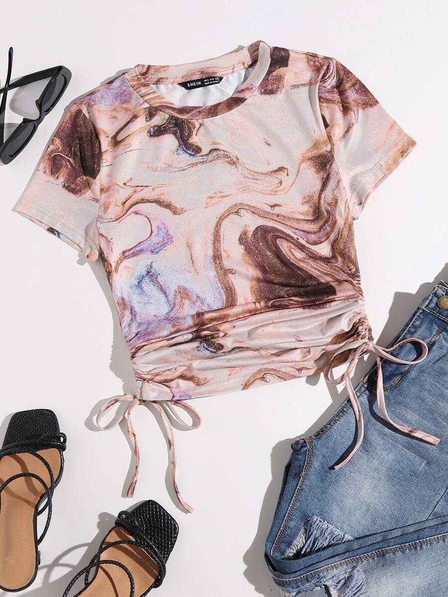 SHEIN Qutie Drawstring Knot Ruched Marble Print Top | SHEIN USA