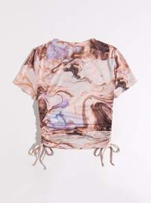 SHEIN Qutie Drawstring Knot Ruched Marble Print Top | SHEIN USA