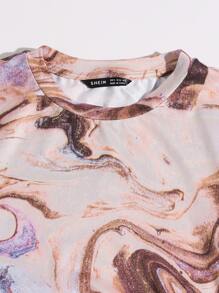 SHEIN Qutie Drawstring Knot Ruched Marble Print Top | SHEIN USA