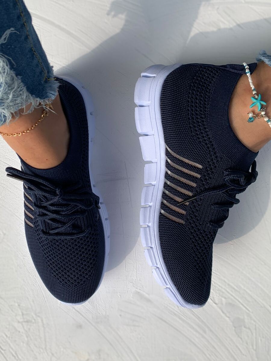 Ladies' Navy Blue Road Running Shoes With Lace Decoration And Knitted ...