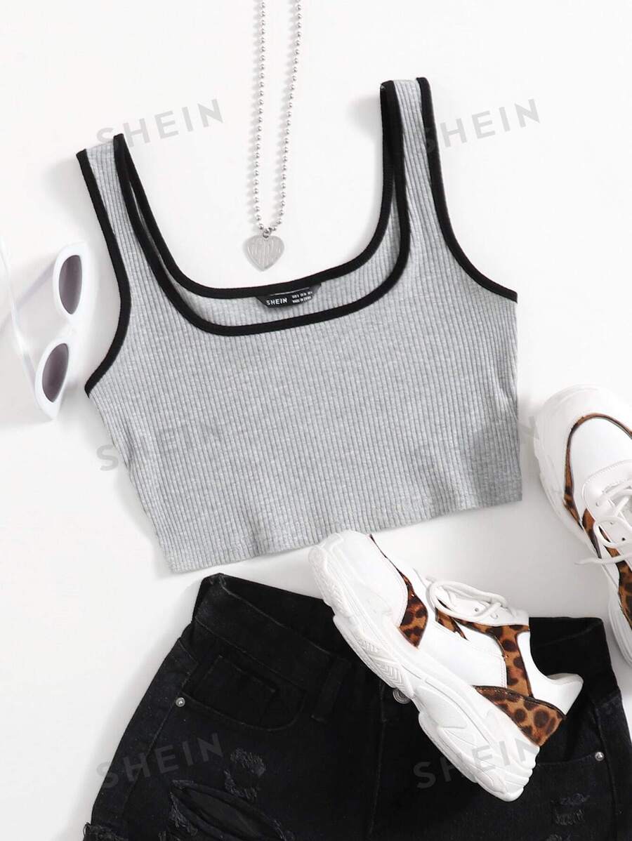 Shein Ezwear Top Tank Corto Ringer Tejido De Canalé Moda De Mujer