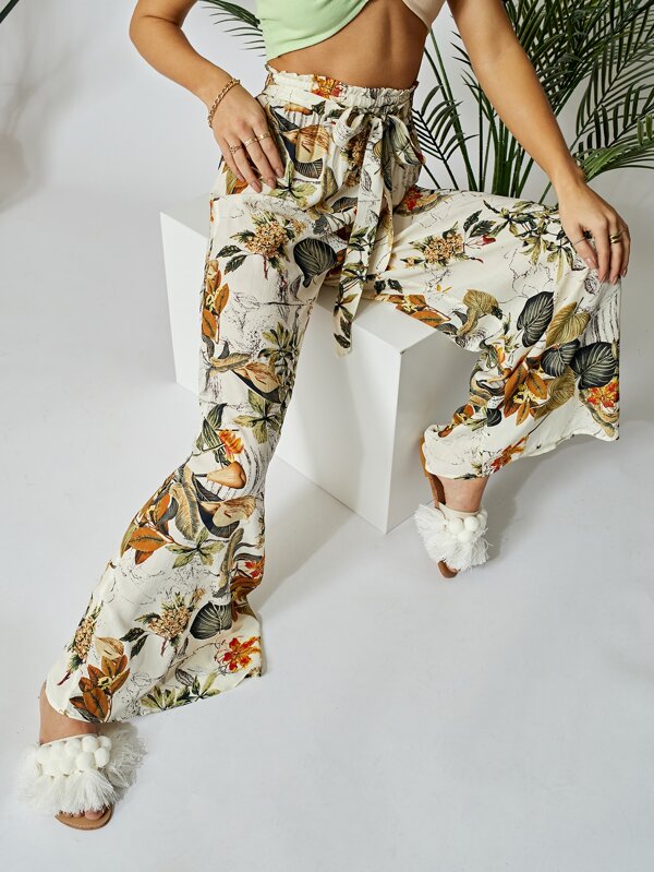 SHEIN Paperbag Waist Plants Print Wide Leg Pants | SHEIN USA