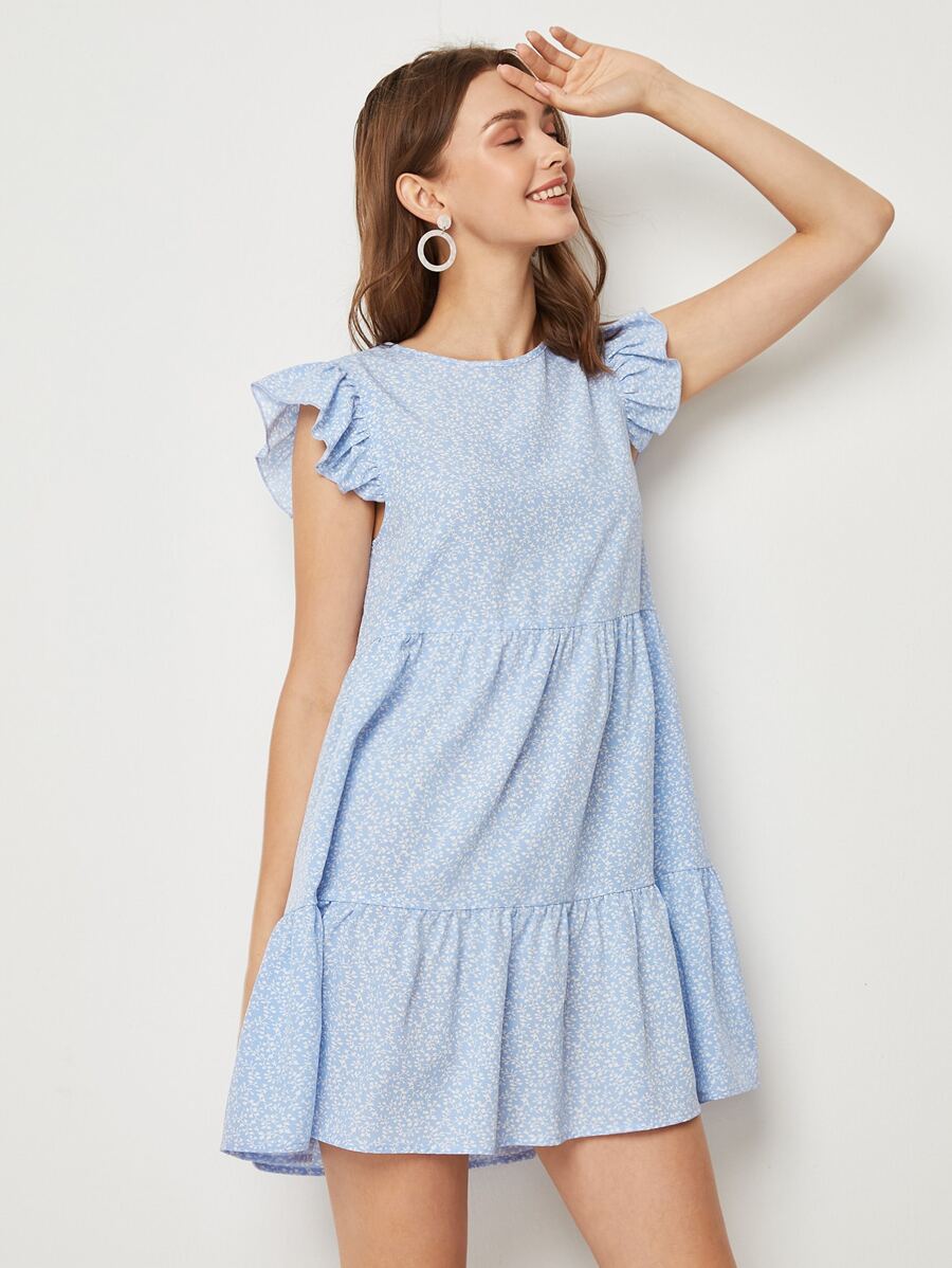 Soleia Allover Plants Print Butterfly Sleeve Dress | SHEIN USA