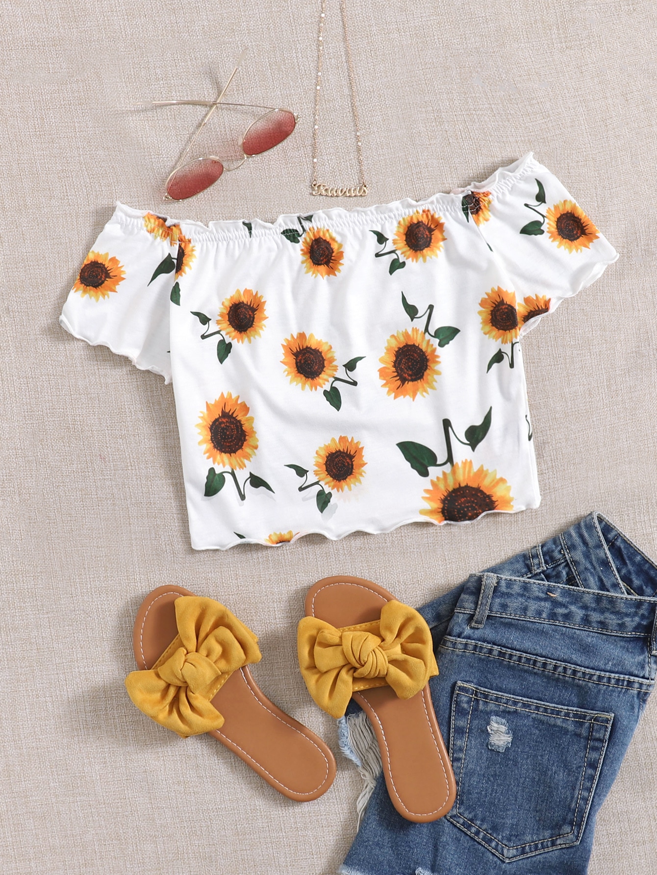 Shein Wywh Sunflower Print Off Shoulder Lettuce Trim Tee Shein Usa
