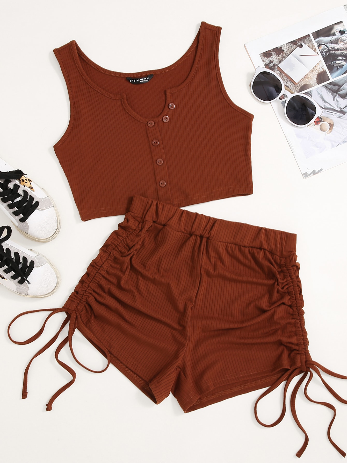 Notched Tank Top & Drawstring Ruched Shorts