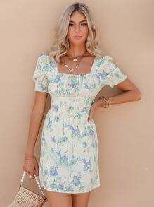 Simplee Knot Front Ruched Bust Floral Print Milkmaid Dress | Shein Usa