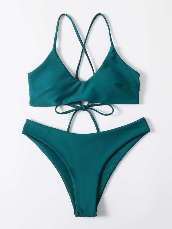 Shein Swim Basics Conjunto De Biquíni Mono Cadarço Amarrar Top And Corte