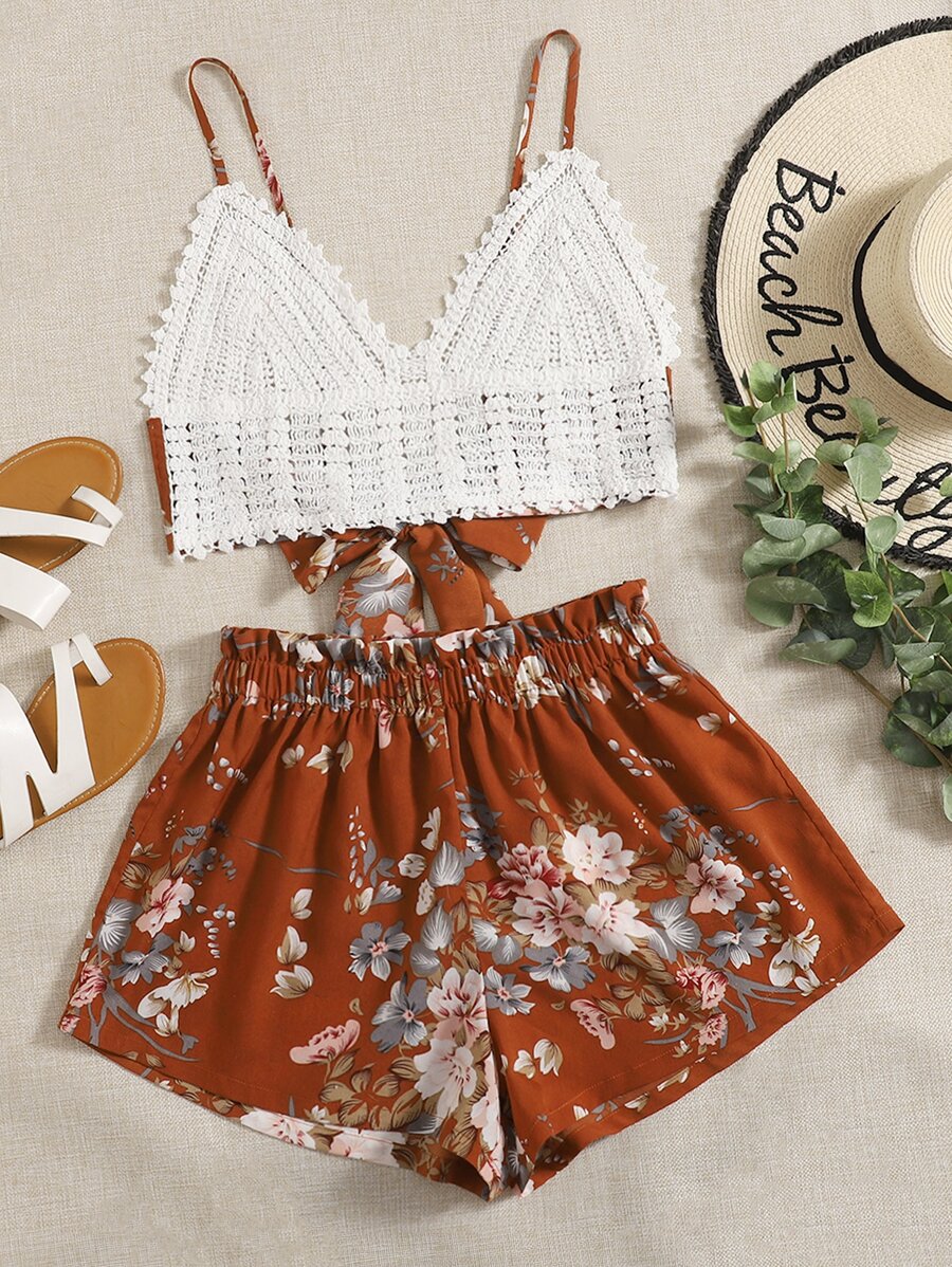 Shein Vcay Tie Back Crochet Cami Top And Paperbag Waist Floral Shorts Set