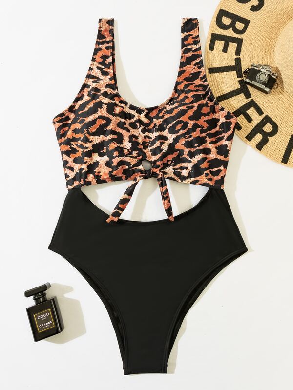 Leopard Cut Out Knot One Piece Swimsuit Shein Usa