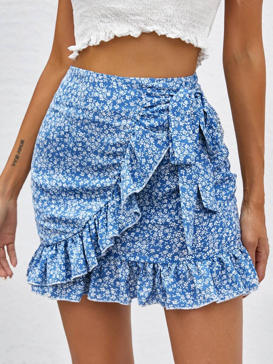 Ditsy Floral Knot Side Ruffle Hem Skirt | SHEIN EUR