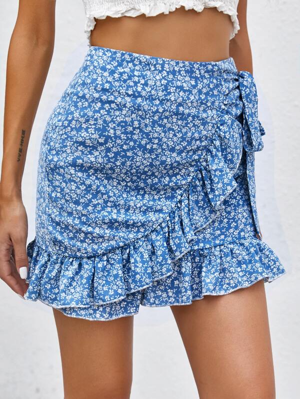Ditsy Floral Knot Side Ruffle Hem Skirt | SHEIN EUR